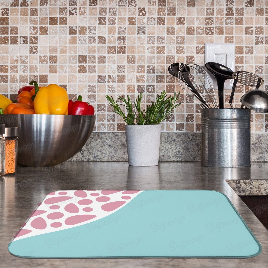 Abstract Aqua and Pink Dish Drying Mat, Geometric Shapes Print on Water ...