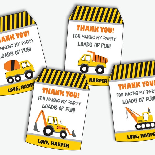 Editable Construction Thank You Tags Construction Birthday Etsy