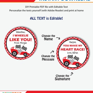 Race Car Valentine Stickers for Kids Printable Valentine Car Tags for ...