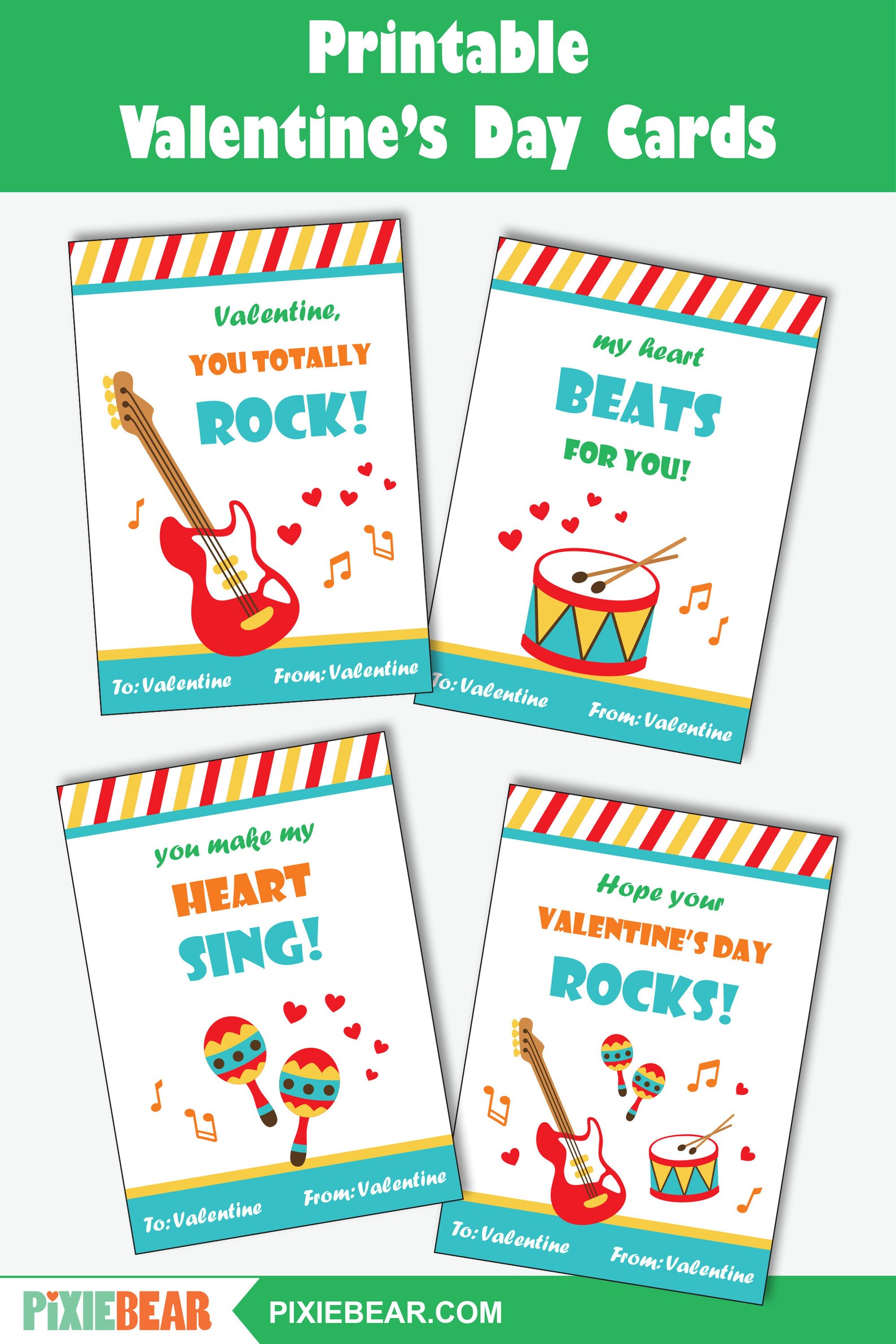 Music Valentine's Day Cards for Kids Printable Guitar - Etsy