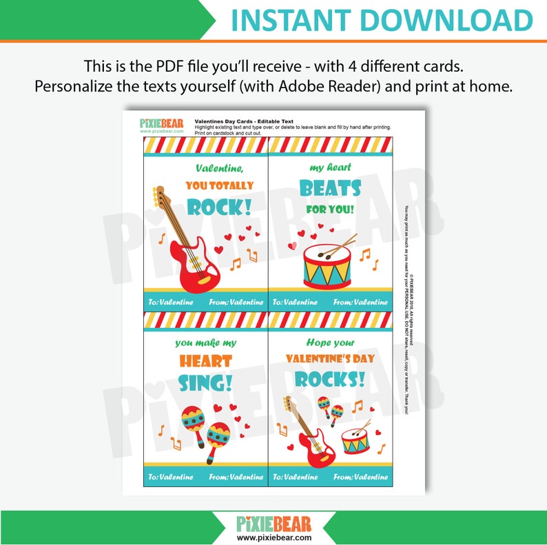 Music Valentine's Day Cards for Kids Printable Guitar - Etsy