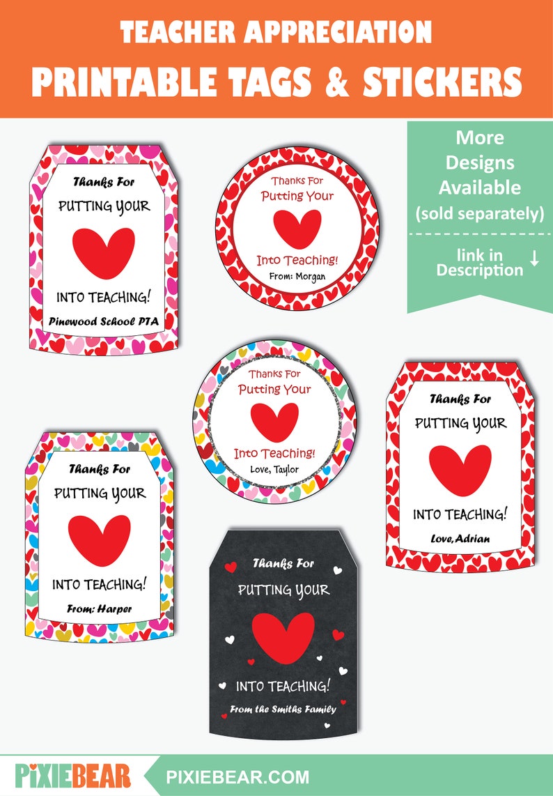 Heart Teacher Appreciation Tags Printable Teacher - Etsy