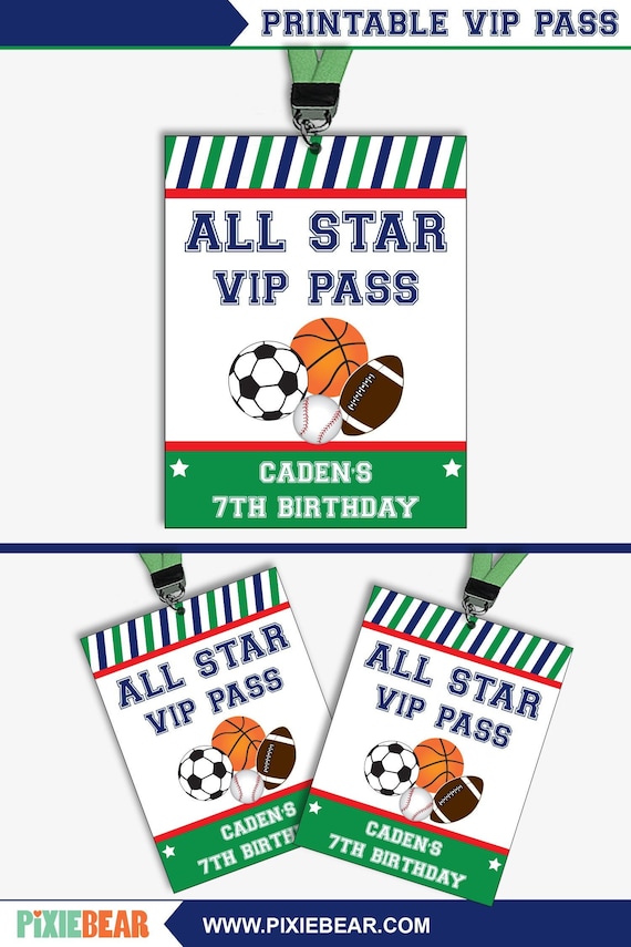 Sports Party VIP Passes - All Stars Party Printable VIP Pass, Sports ...
