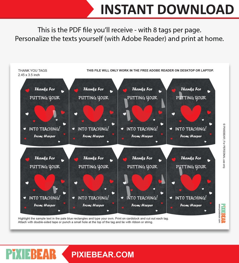 Heart Teacher Appreciation Gift Tag Printable Teacher - Etsy