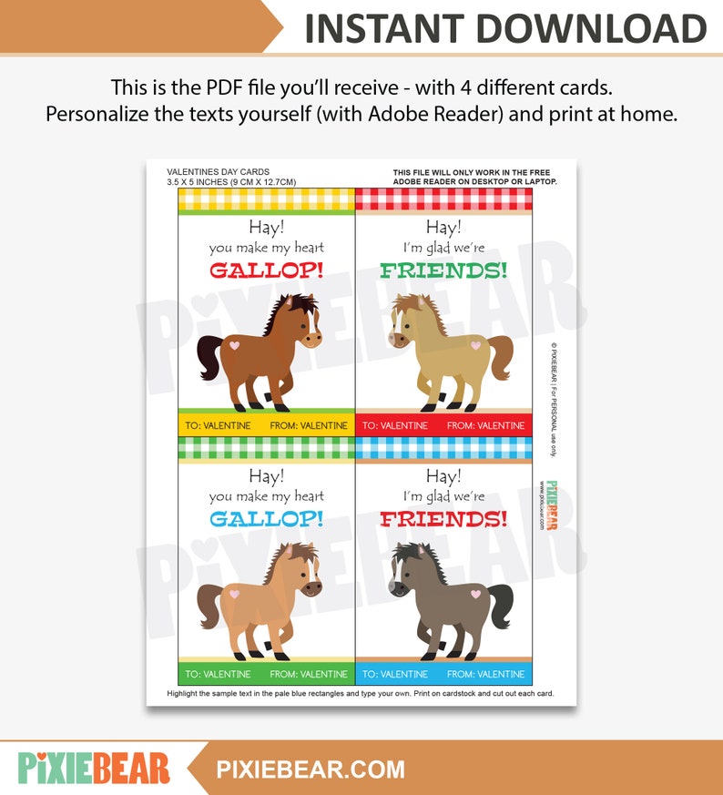 Horse Valentine Cards for Kids Printable Pony Valentine's - Etsy