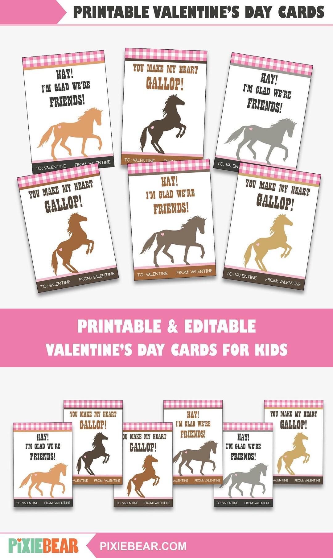 Horse Valentine Cards for Kids, Printable Valentine's Day Pony Cards ...