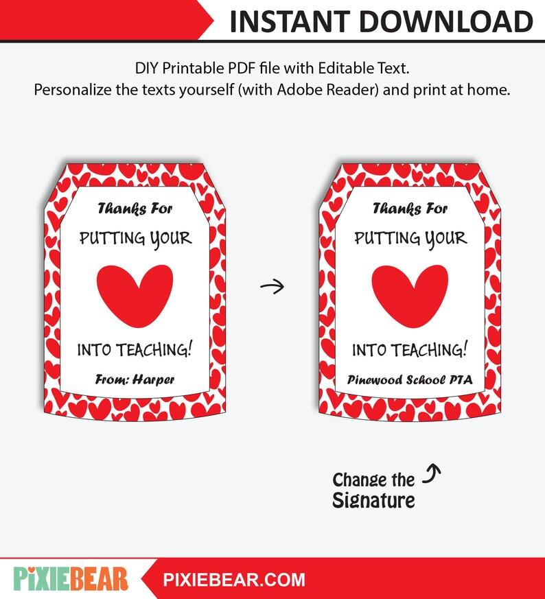 Red Heart Teacher Appreciation Tag Printable Teacher Gift - Etsy