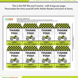 Motorcycle Party Thank You Tags Printable Favor Tags for a Dirt Bike ...