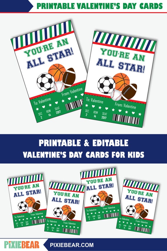 Sports Valentine's Day Classroom Cards for Kids - Printable Valentine's ...