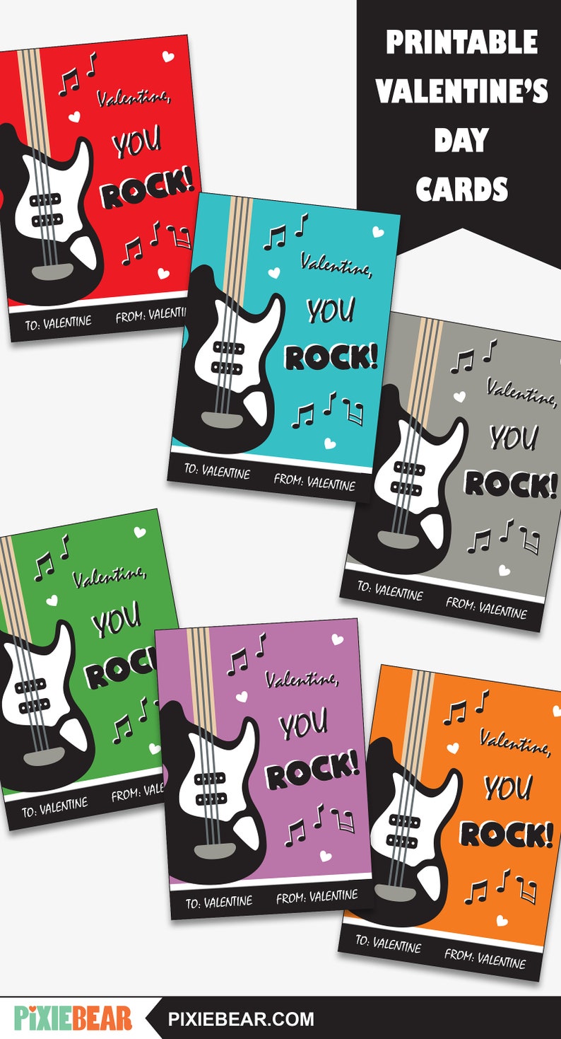 Guitar Valentine Cards for Kids Printable You Rock | Etsy