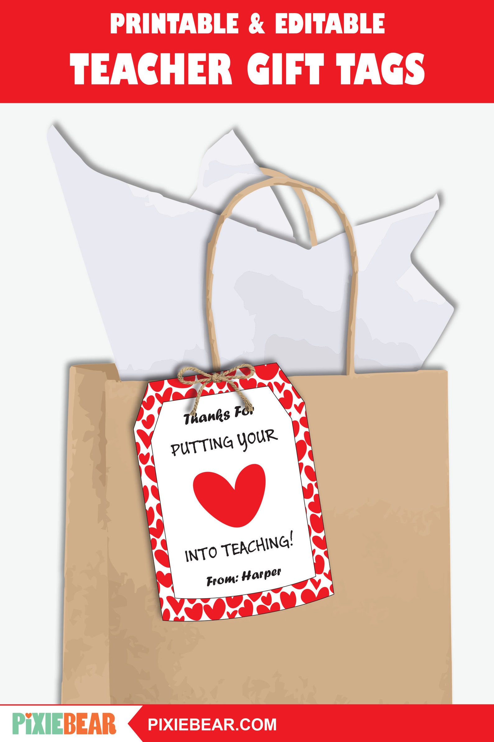 Red Heart Teacher Appreciation Tag Printable Teacher Gift - Etsy