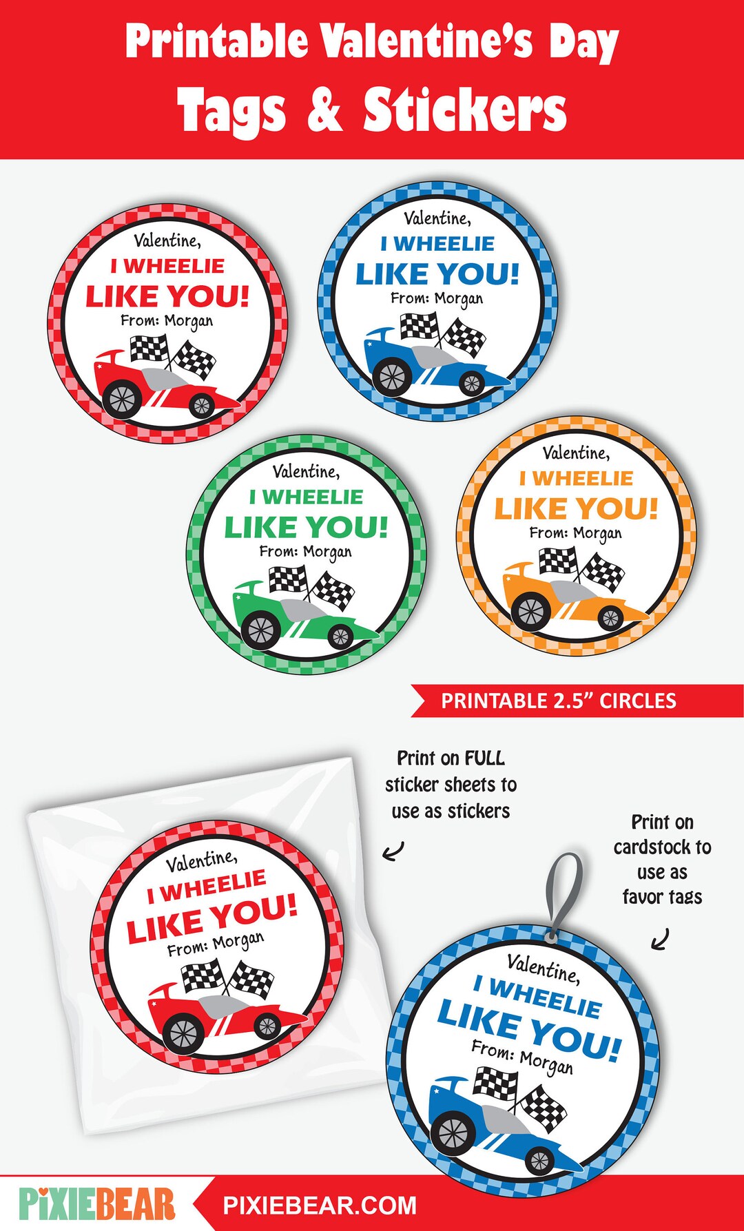 Race Car Valentine Stickers for Kids Printable Valentine Car Tags for ...