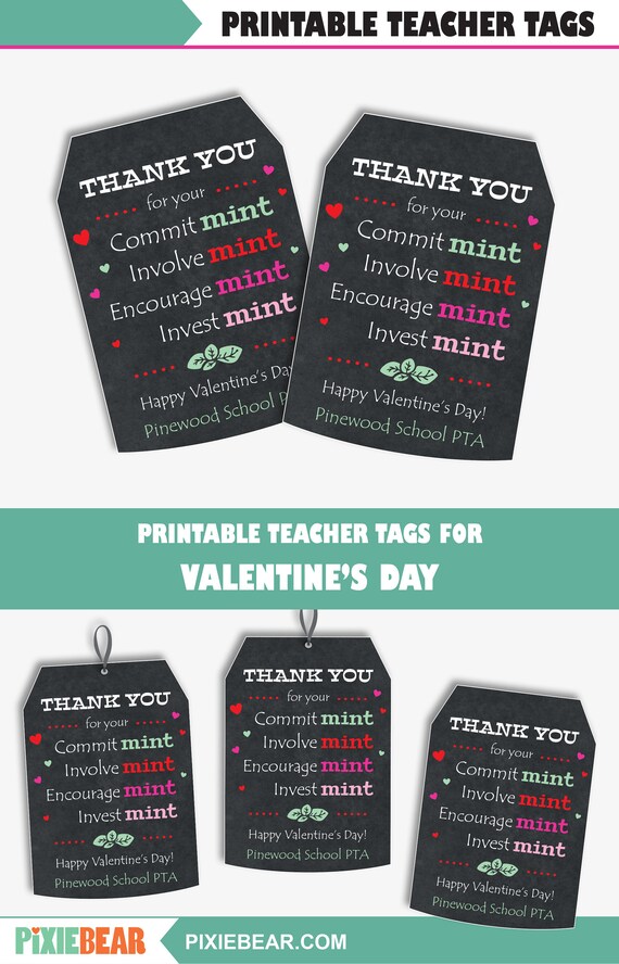 Teacher Valentine Tags Printable Valentine's Day Mint | Etsy