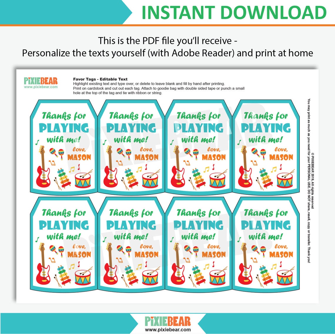 Music Gift Tag Printable Music Party Thank You Tag Music - Etsy