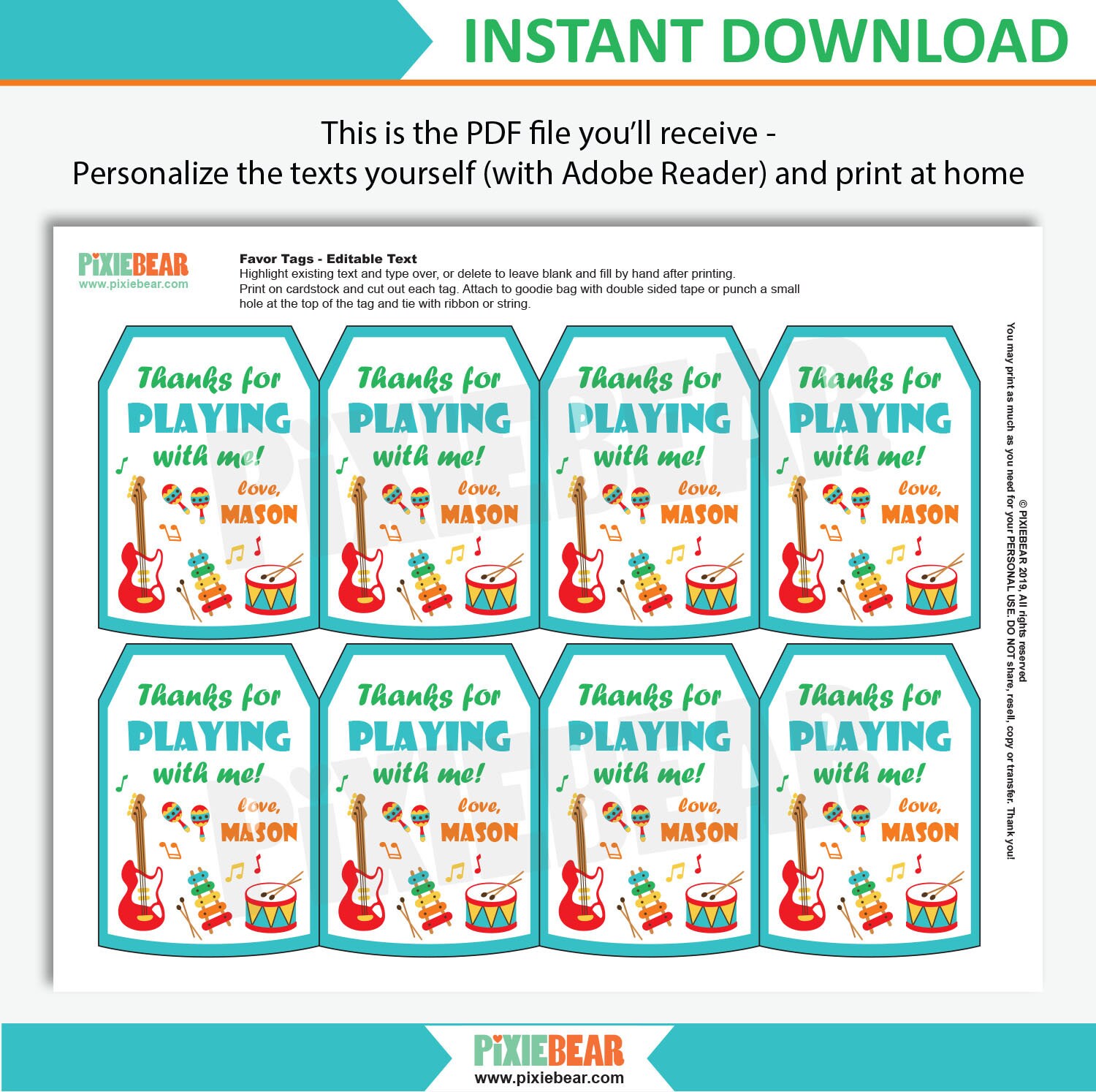 Music Gift Tag Printable Music Party Thank You Tag Music | Etsy