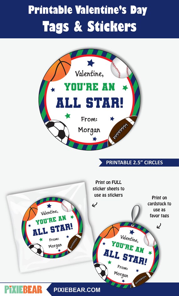 Sports Valentines Day Stickers for Kids - Printable Valentine Tags for ...