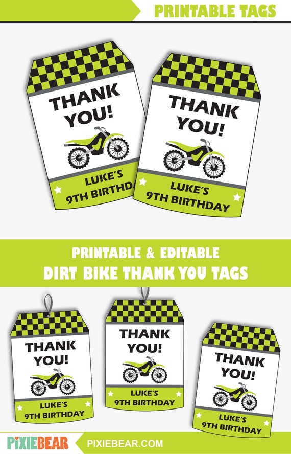 Motorcycle Party Thank You Tags - Printable Favor Tags for a Dirt Bike ...