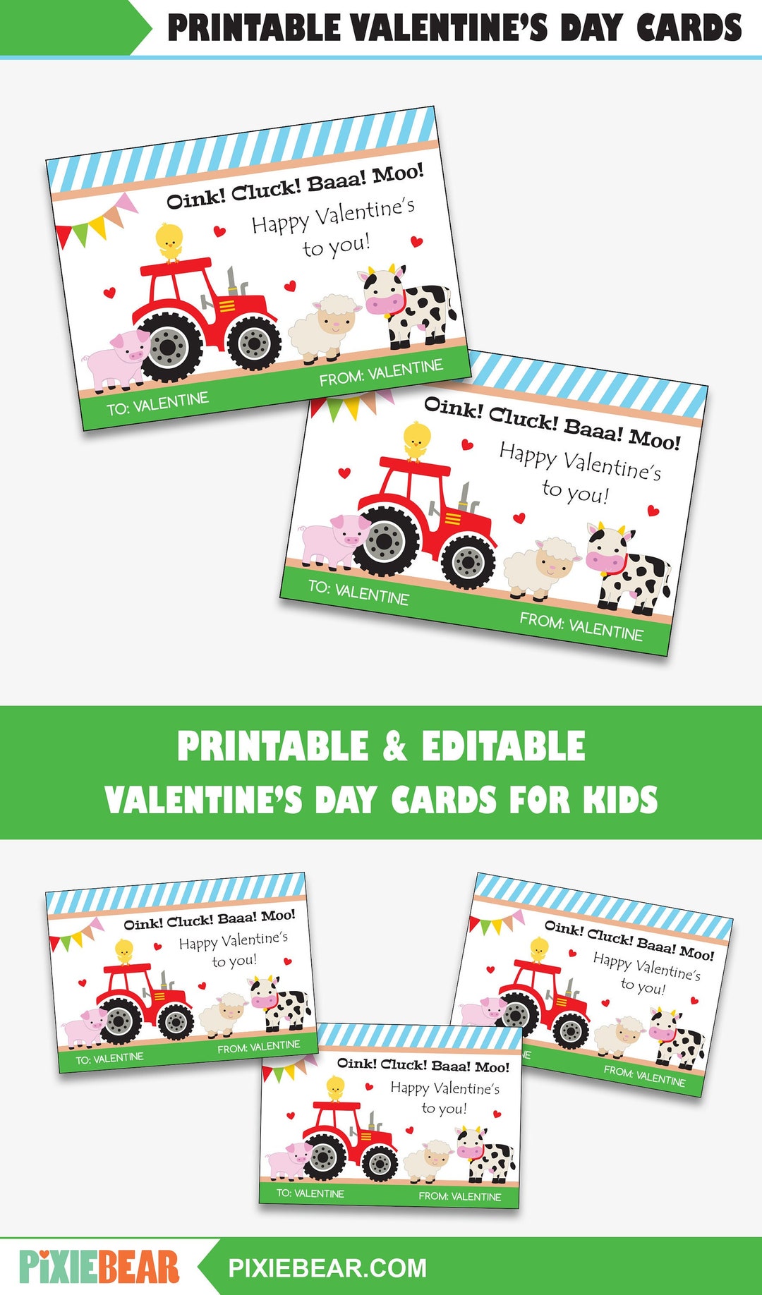 Farm Valentine Cards for Kids, Printable Animal Valentine's Day Cards ...