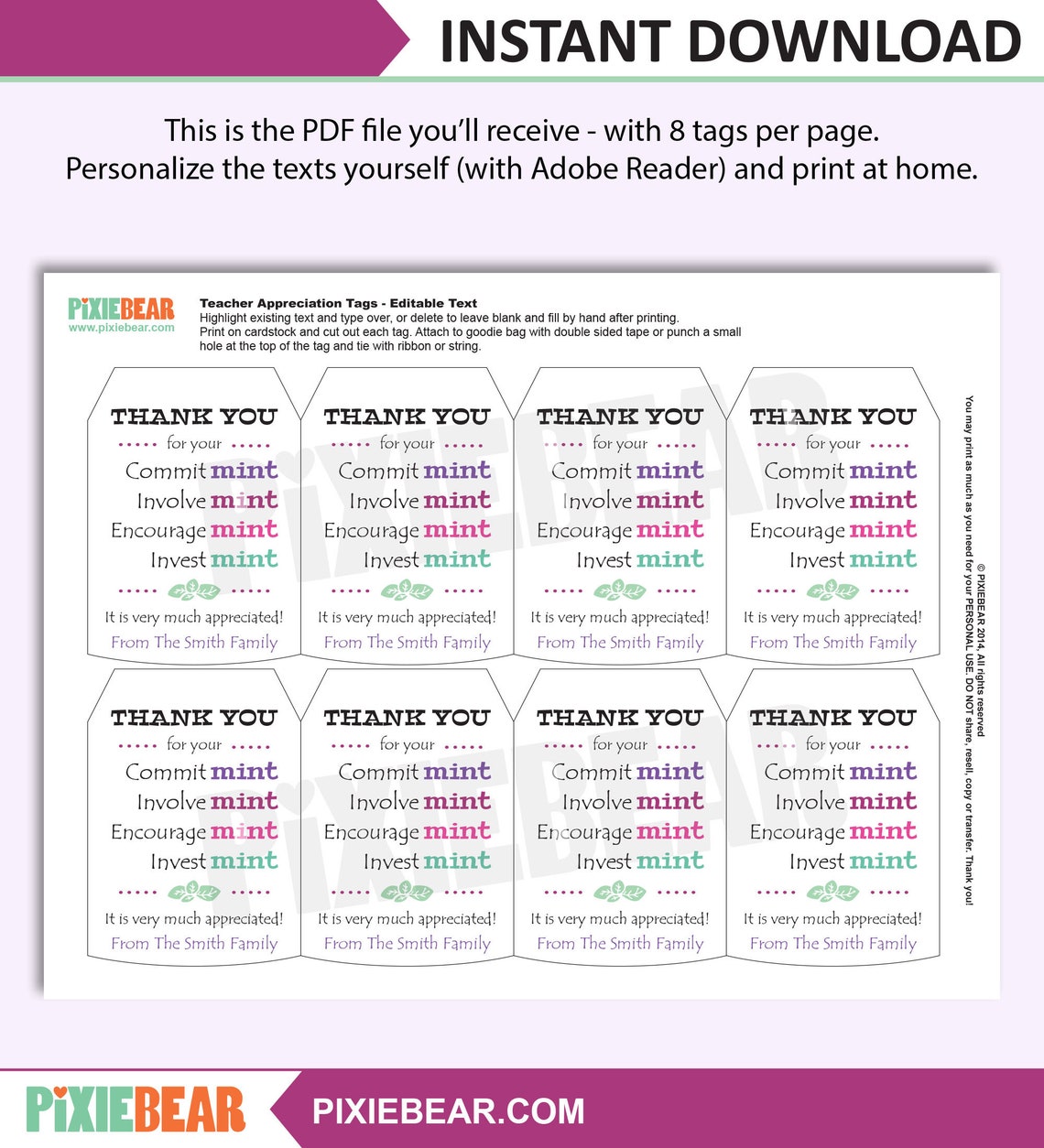 Mint Teacher Appreciation Labels Printable Mint Teacher | Etsy