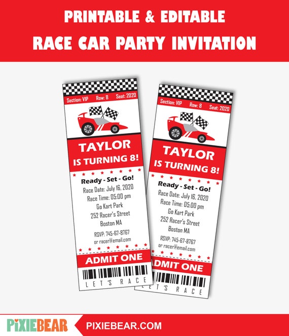 Race Car Invitation - Printable Race Car Birthday Invitation, Ticket ...