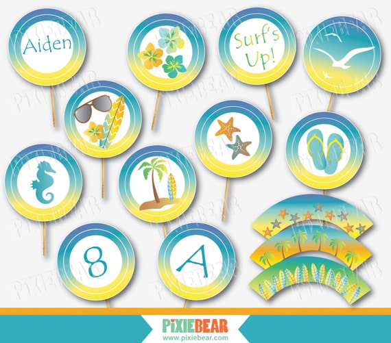 Surf Cupcake Topper, Printable Summer Party Toppers and Wrappers for a ...