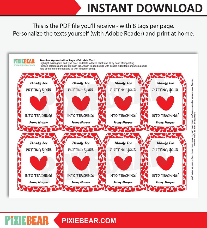 Red Heart Teacher Appreciation Tag Printable Teacher Gift - Etsy