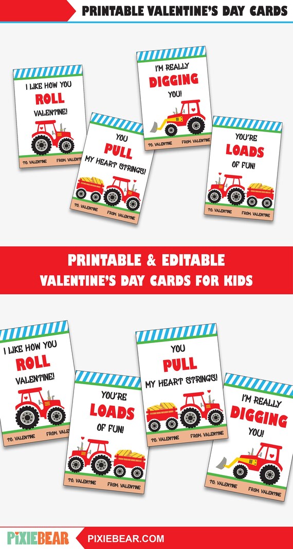 Tractor Valentine Cards for Kids, Printable Valentine's Day Tractor ...