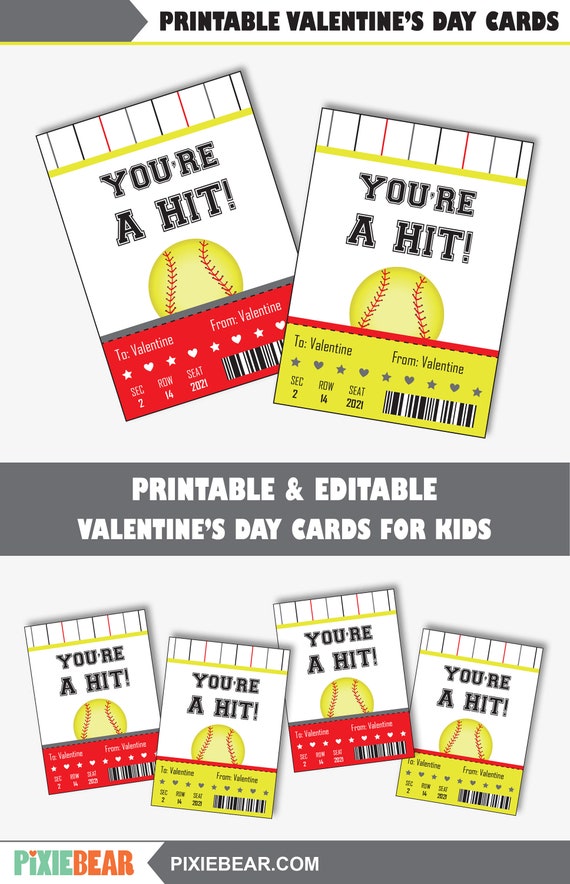 Softball Valentine's Day Classroom Cards for Kids, Printable Valentine ...