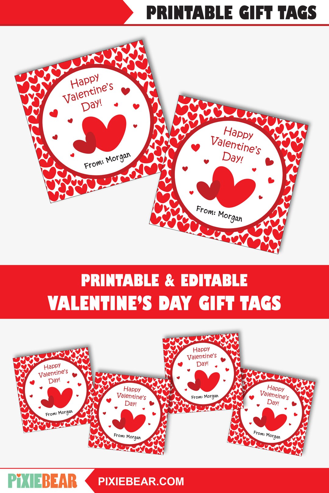 Printable Red Hearts Valentine's Day Cards or Tags for Kids Editable ...