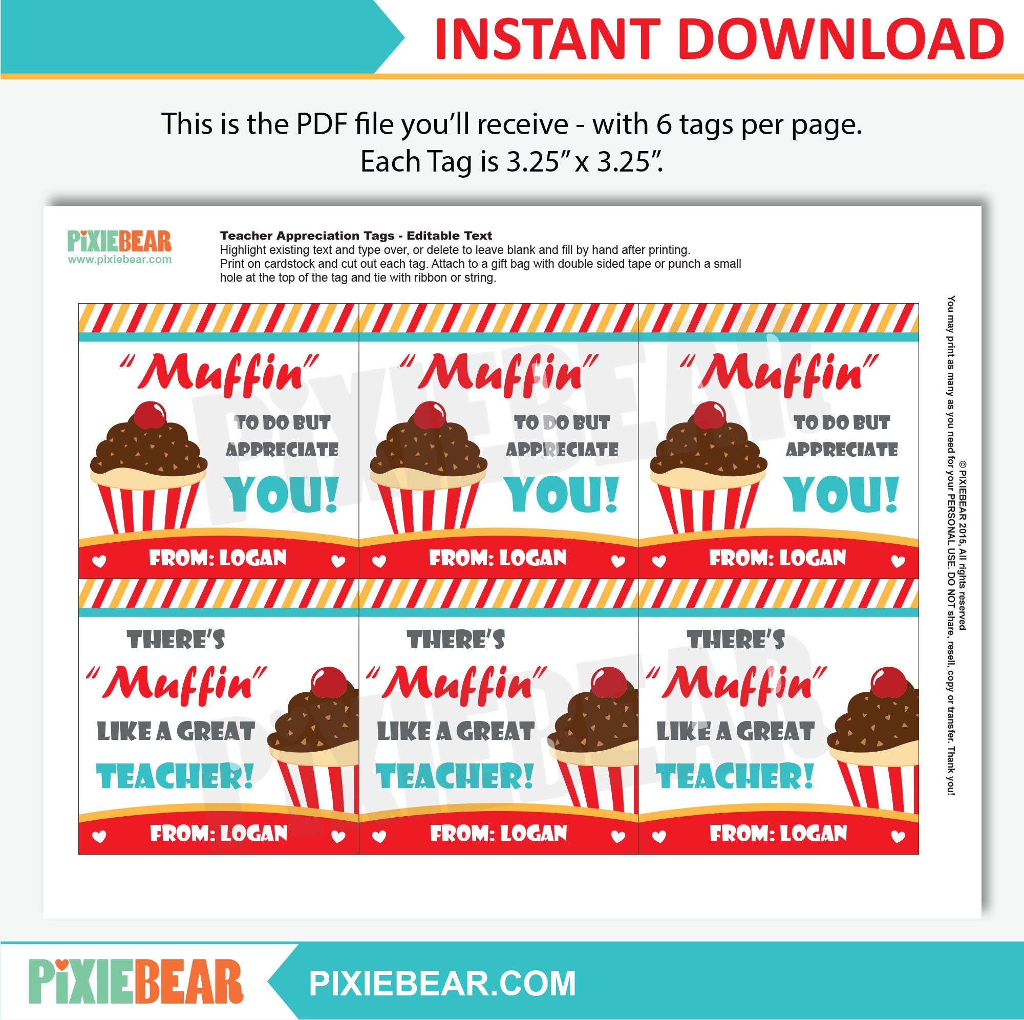 Teacher Appreciation Muffin Tags Printable Teacher Muffin - Etsy Israel