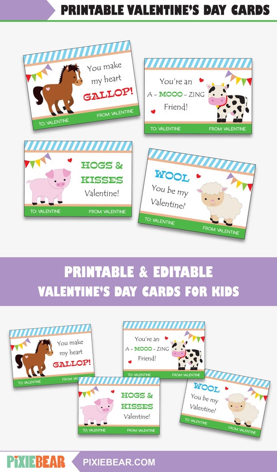 Farm Valentine Cards for Kids, Printable Animal Valentine's Day Cards ...
