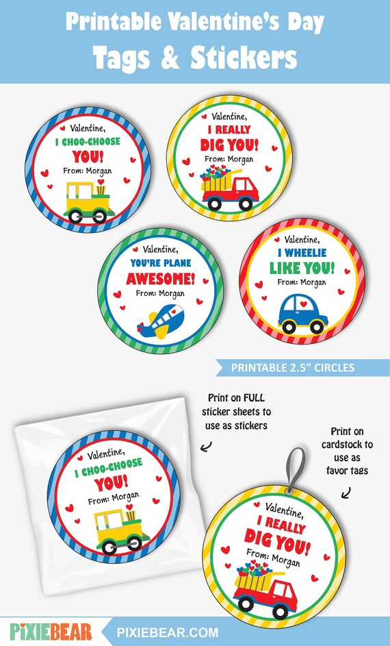 Airplane, Car, Truck, Train Valentines Day Stickers for Kids, Printable ...