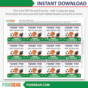 Sports Thank You Tags Printable Sports Party Favor Tags, Sports ...