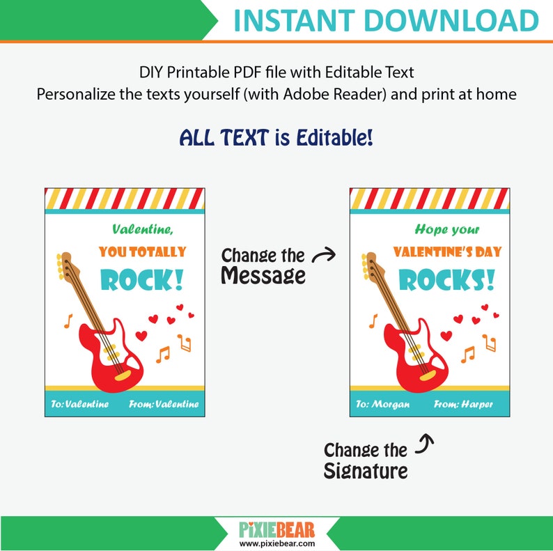 Music Valentine's Day Cards for Kids Printable Guitar - Etsy