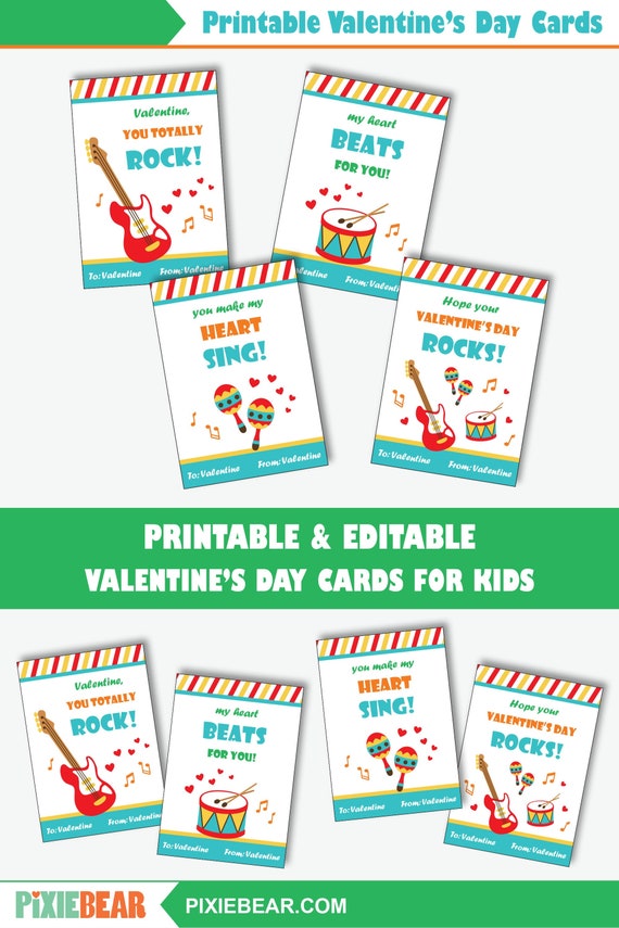 Music Valentine's Day Cards for Kids - Printable Guitar Valentine Cards ...