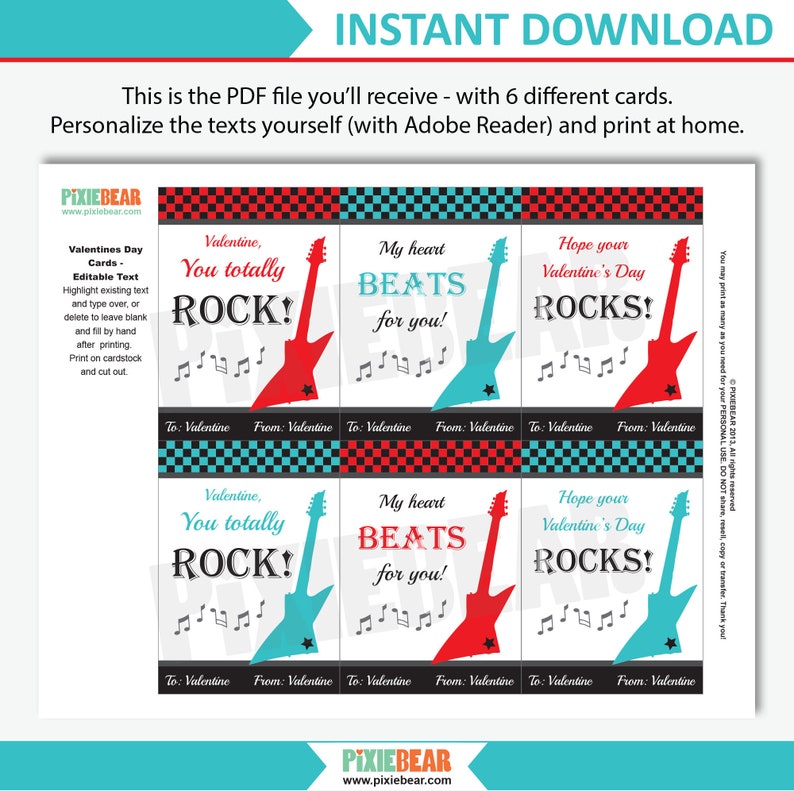 Guitar Valentine's Day Cards for Kids Printable Music - Etsy