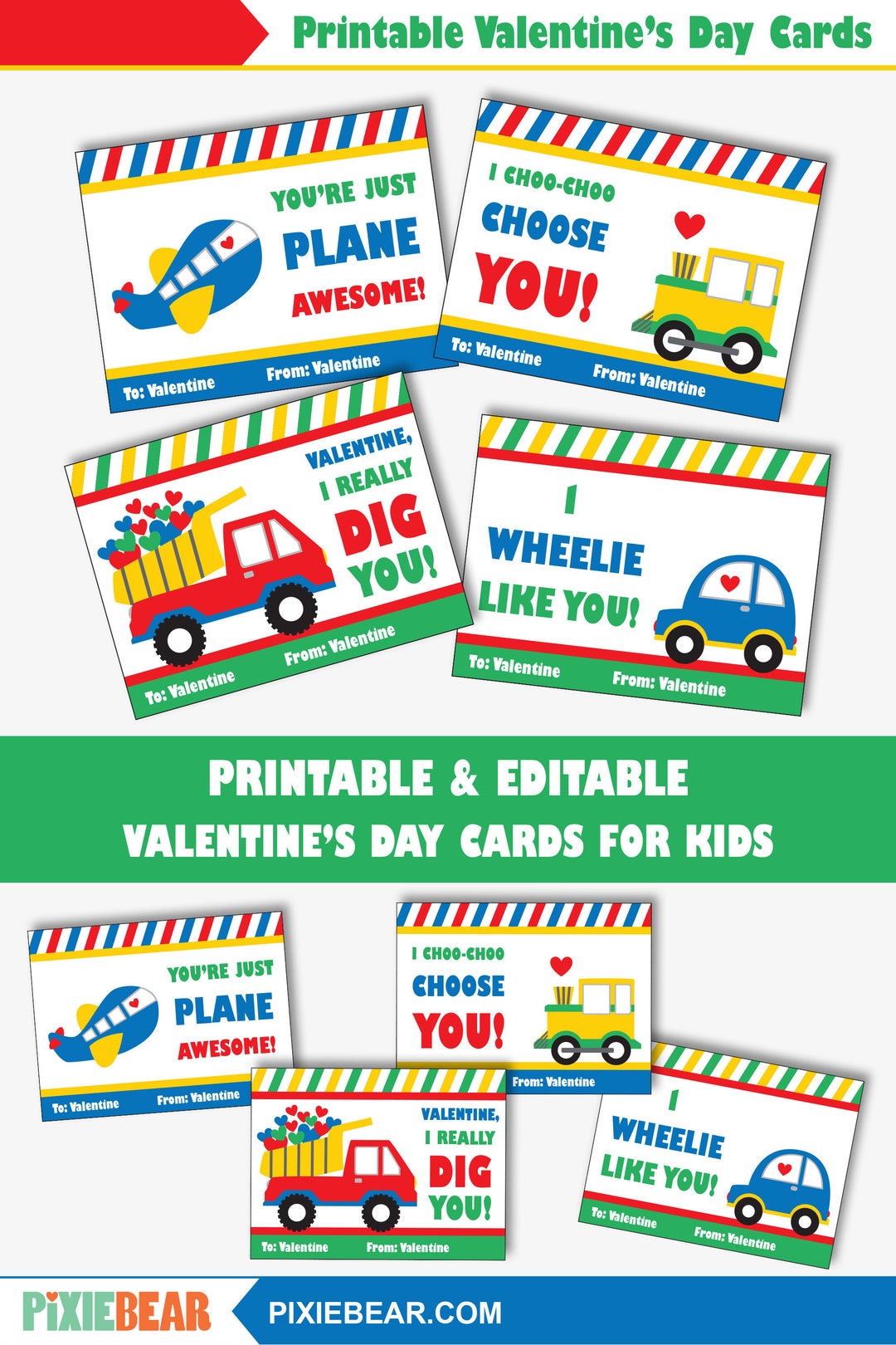 Transportation Valentine's Day Classroom Cards Printable Kids Valentine ...