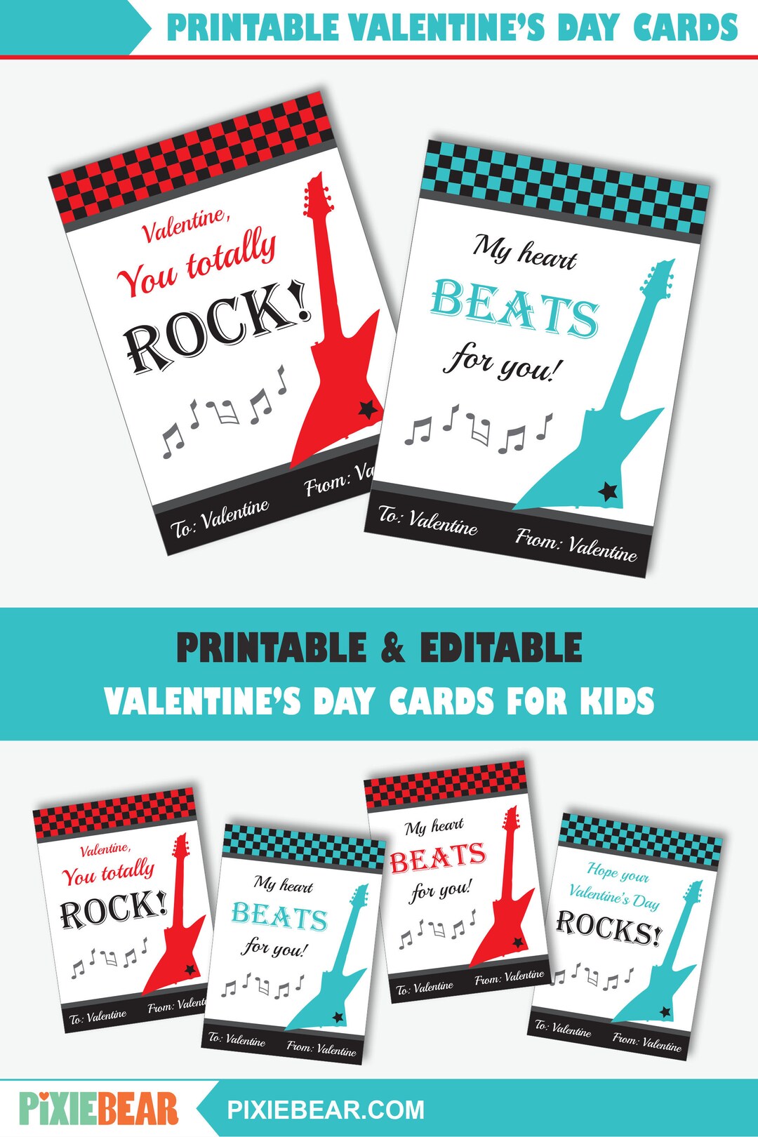 Guitar Valentine's Day Cards for Kids Printable Music - Etsy