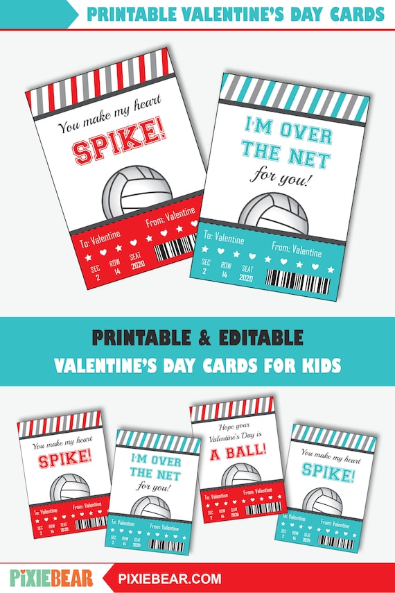 Volleyball Valentine's Day Classroom Cards for Kids, Printable ...