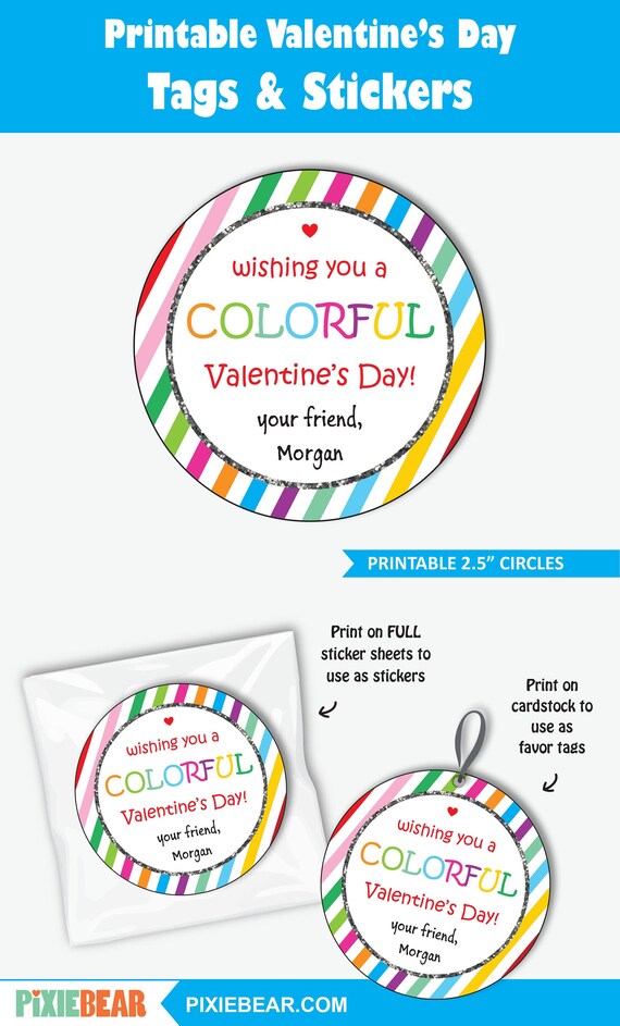 Valentine Crayon Favor Sticker for Kids, Printable Colorful Valentines ...