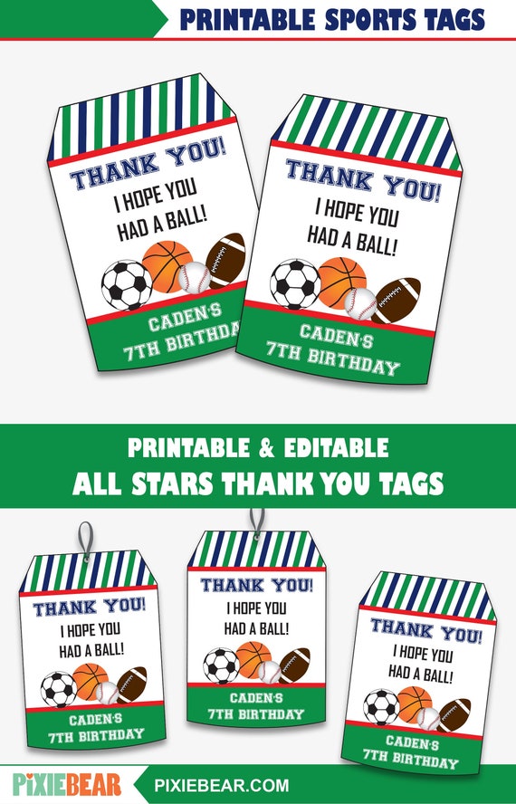 Printable Sports Party Favor Tags, Sports Thank You Tags, Sports ...
