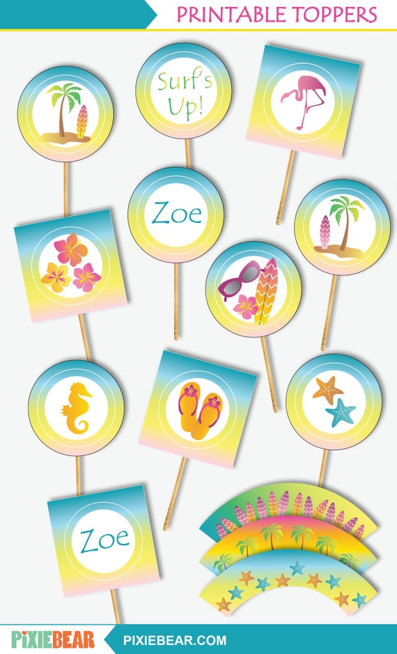 Beach Cupcake Toppers, Printable Surf Party Toppers and Wrappers ...