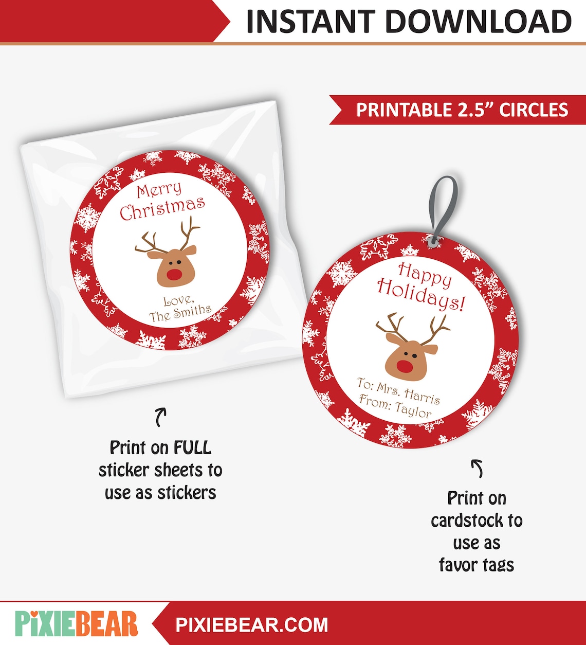 Christmas Sticker Tags Reindeer Gift Tags Printable | Etsy
