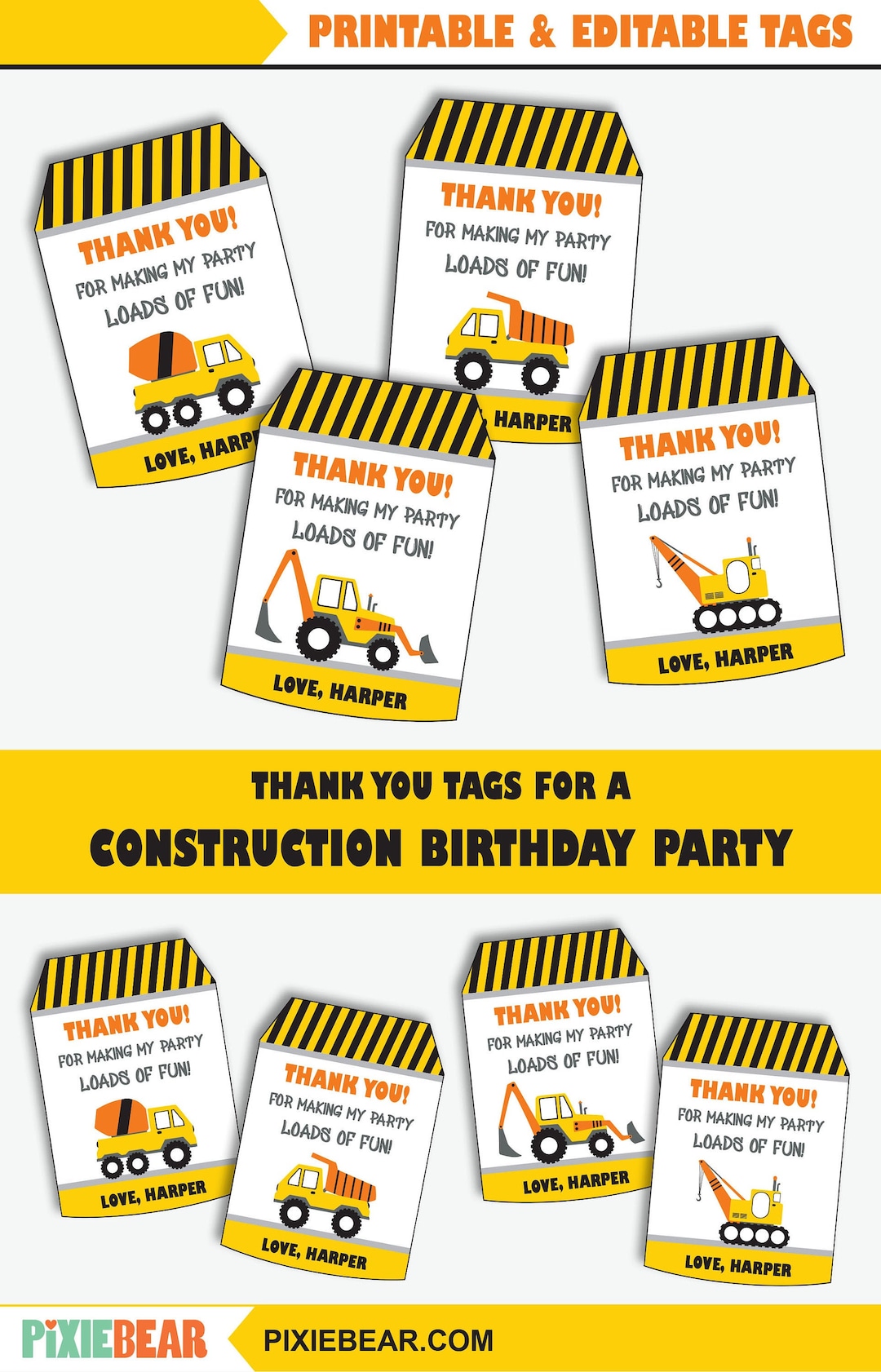Construction Thank You Tags Printable Construction Party Favor Tags