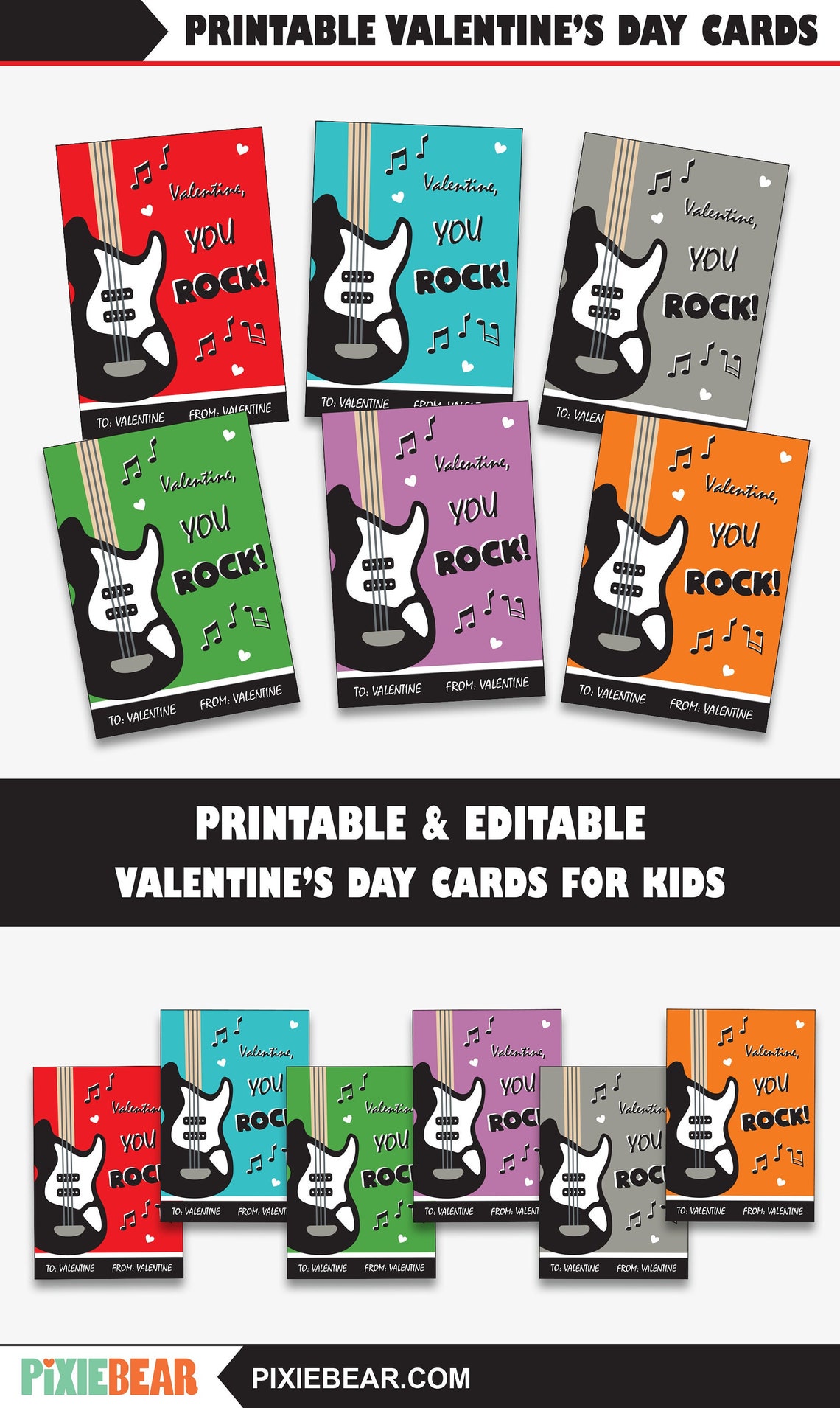 Guitar Valentine Cards for Kids Printable You Rock | Etsy