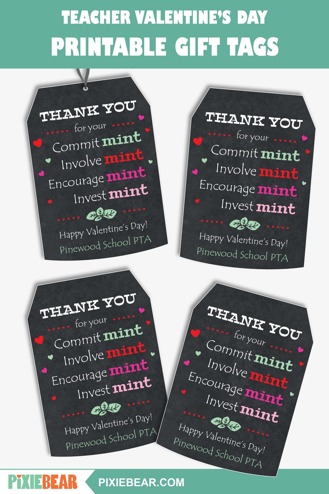 Teacher Valentine Tags Printable Valentine's Day Mint - Etsy