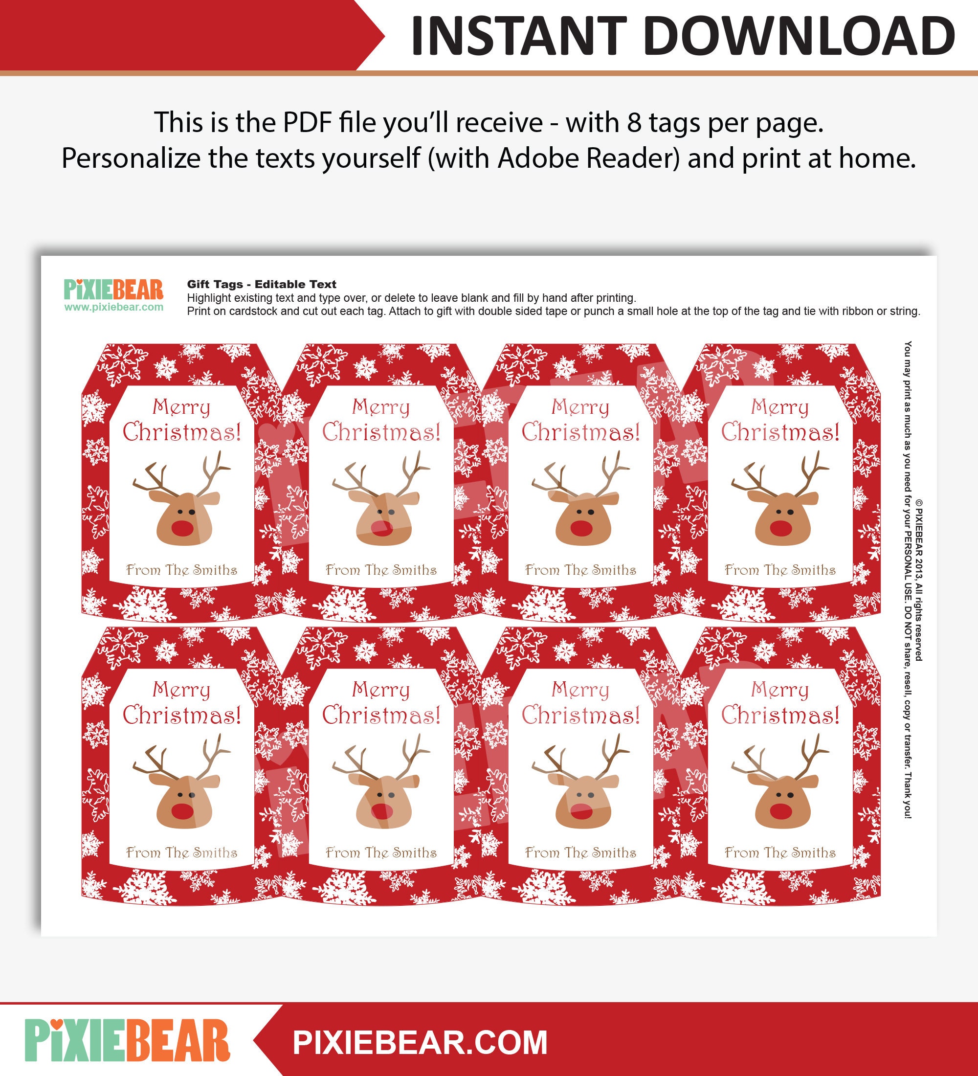 Reindeer Gift Tags Printable Christmas Tags Personalized | Etsy