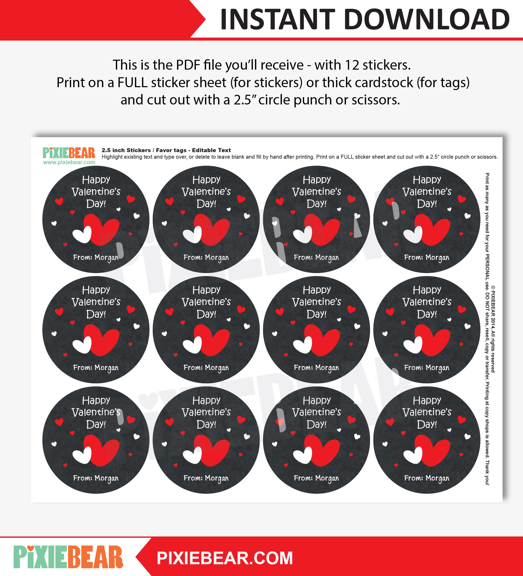 Valentines Day Hearts Stickers Printable Valentine Tags for | Etsy
