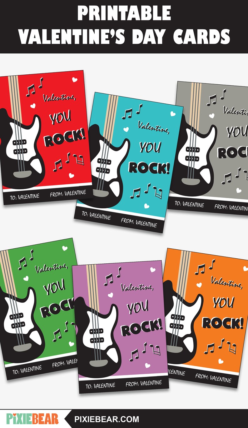 Guitar Valentine Cards for Kids Printable You Rock | Etsy