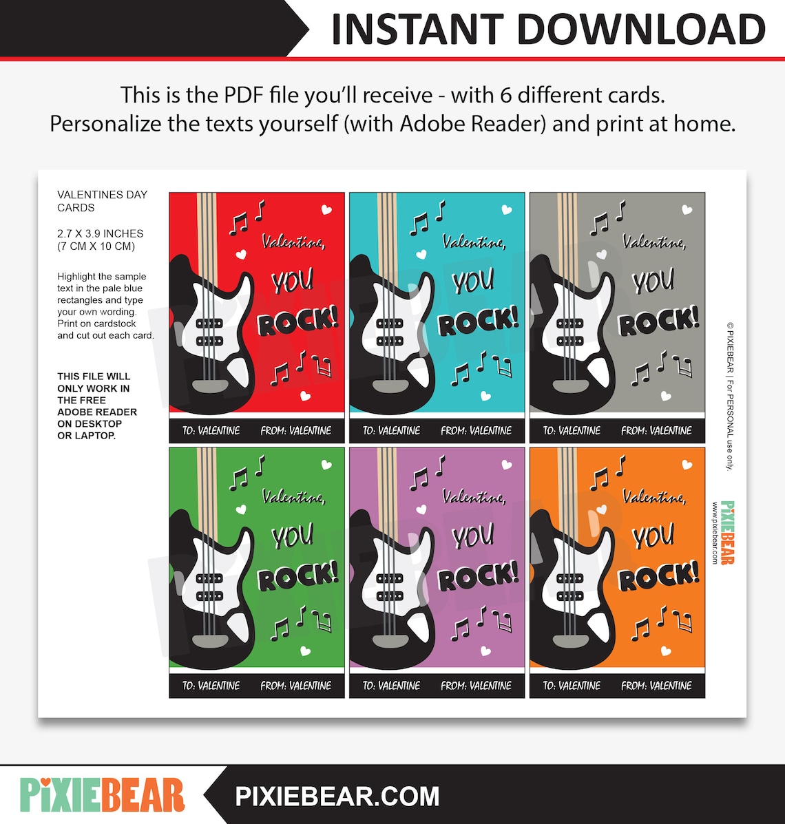 Guitar Valentine Cards for Kids Printable You Rock | Etsy